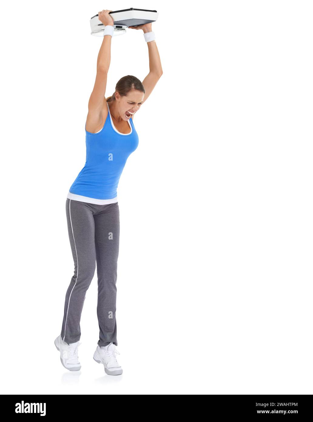 Angry woman, weight loss and throwing scale on ground isolated on a ...