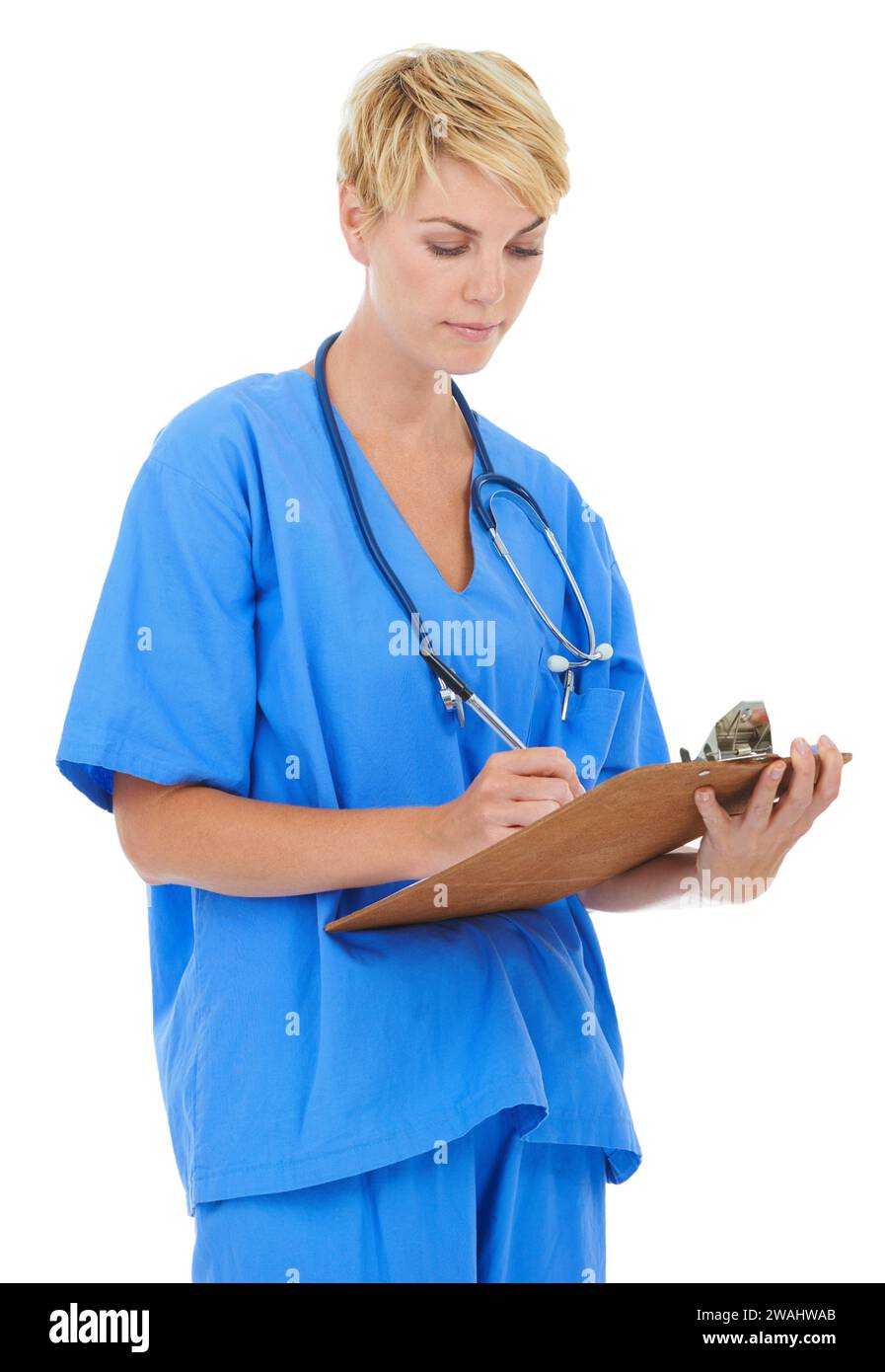 Woman, nurse and writing with documents in studio for medical checklist ...