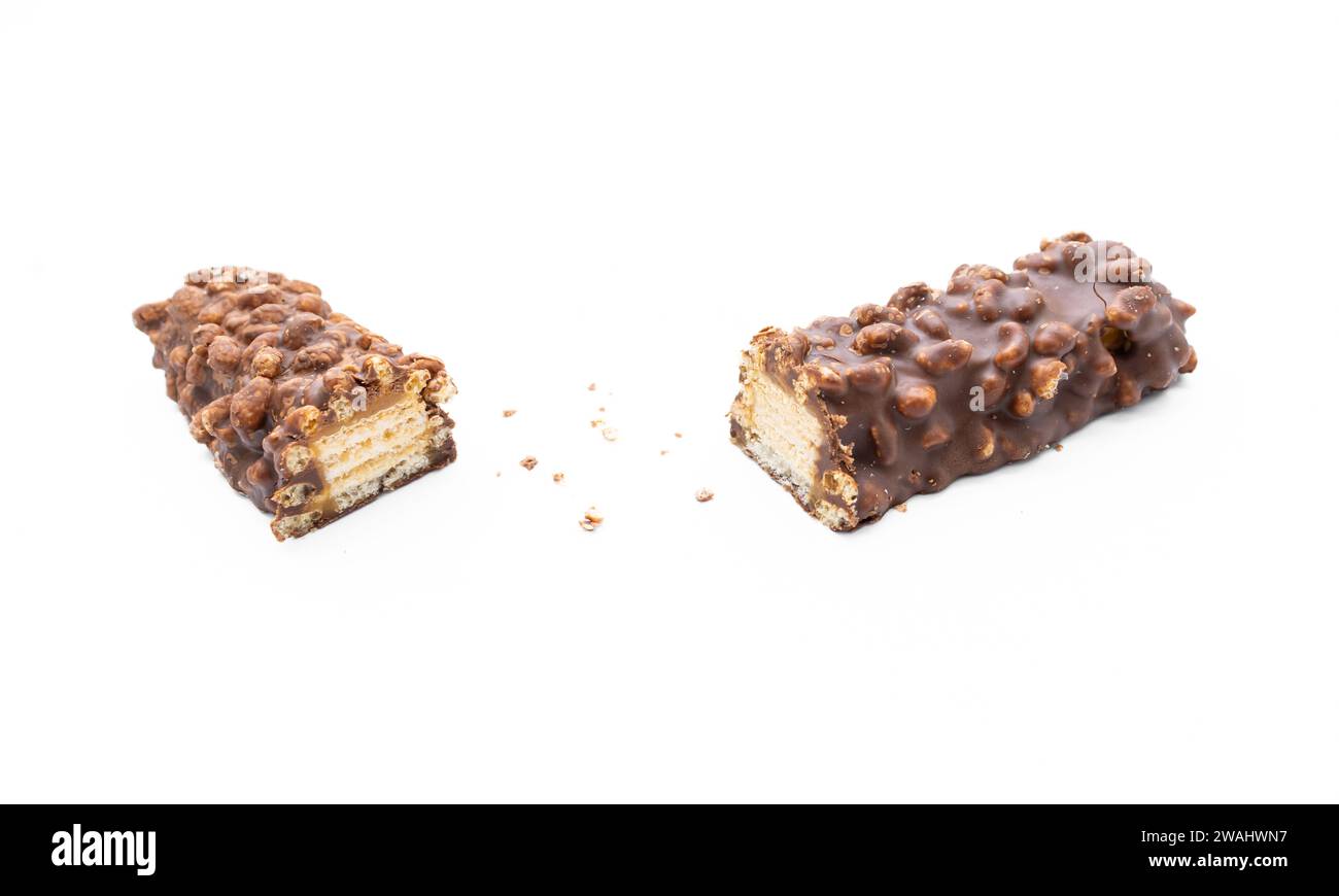 Chocolate bar filled with wafer isolated on white background. After ...