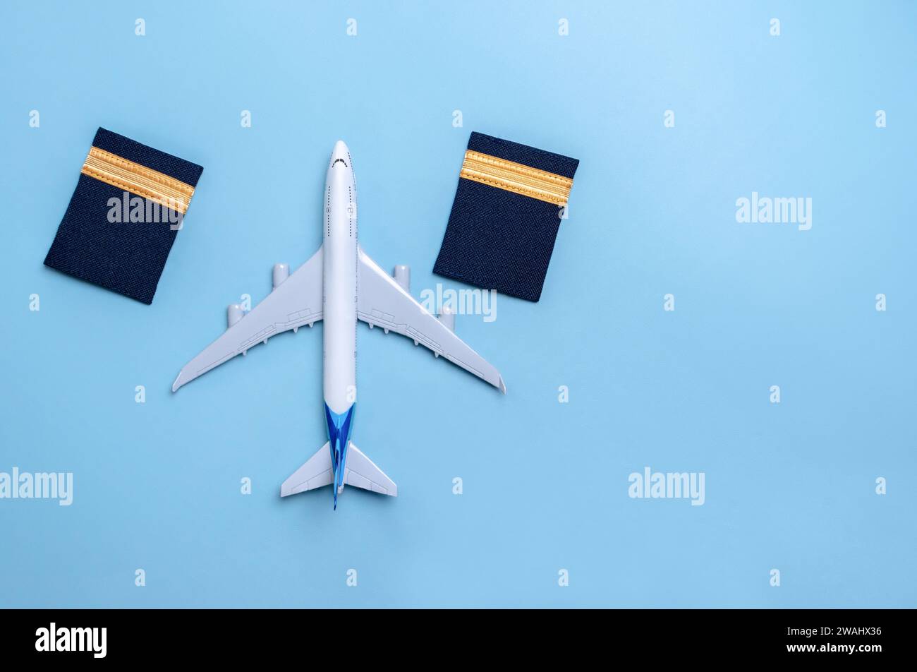 A plane model and pilot rank as first officer isolated on blue ...
