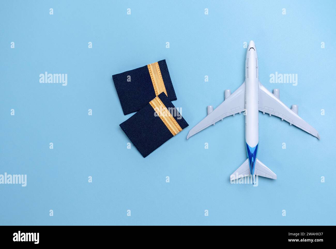 A plane model and pilot rank as first officer isolated on blue ...