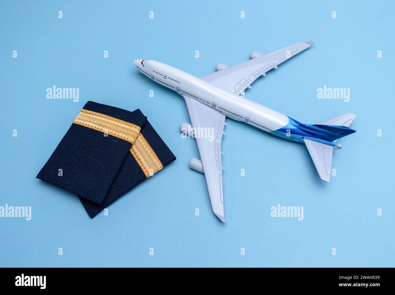 A plane model and pilot rank as first officer isolated on blue ...