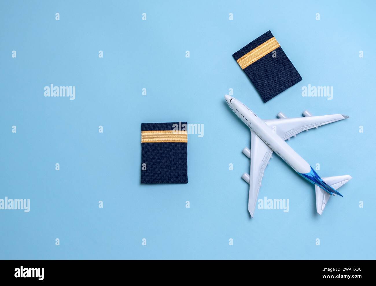 A plane model and pilot rank as first officer isolated on blue ...