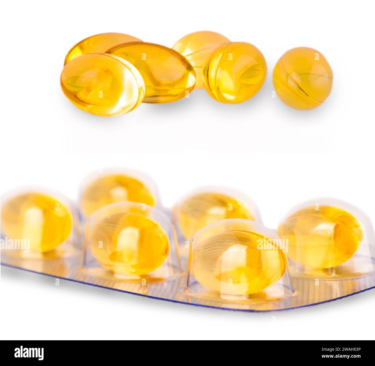 The set of Yellow color soft gelatin capsules on white background ...