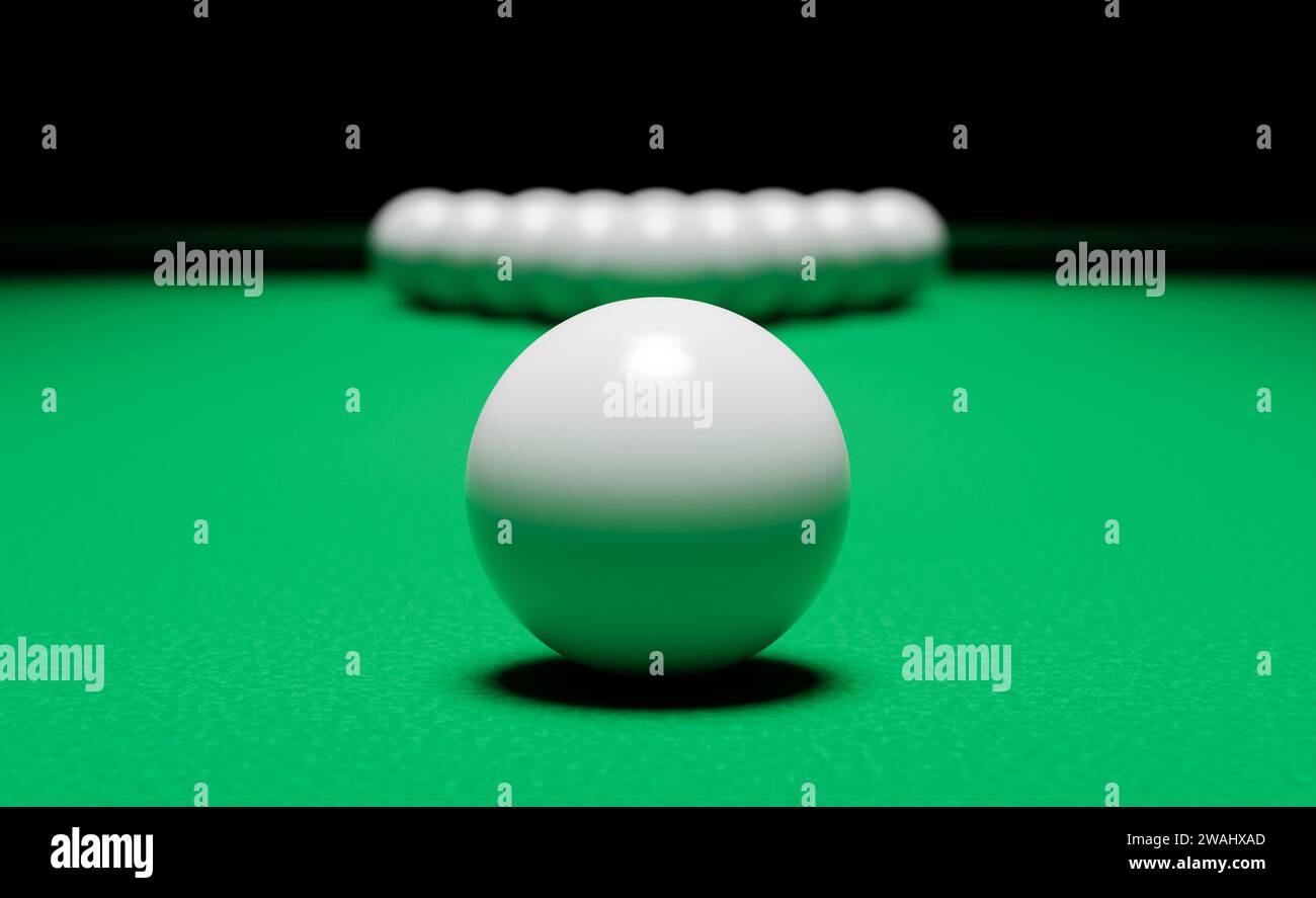Billiard balls in the initial position on the green field of the ...