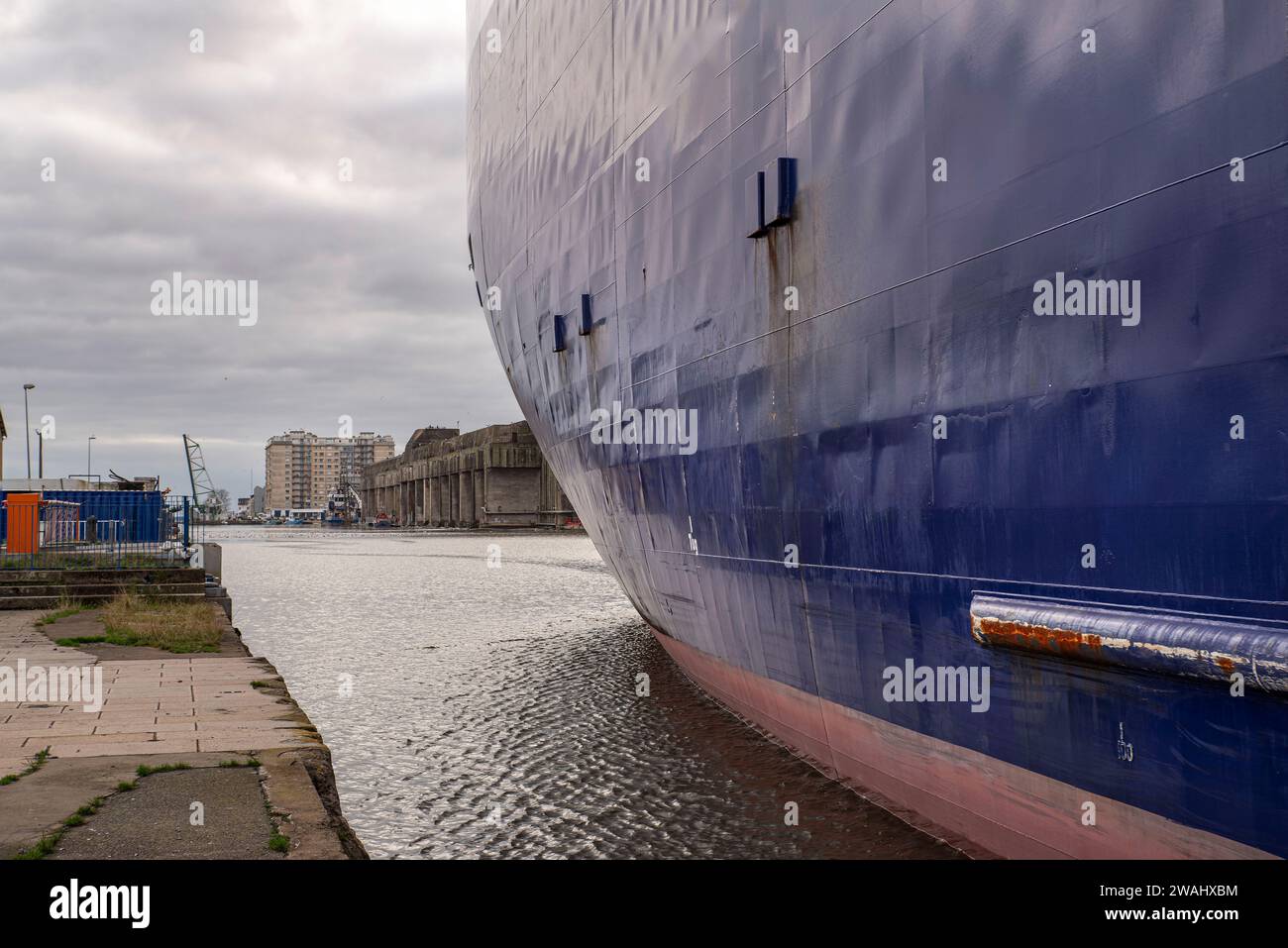 Large Ro-Ro (roll on-roll off) cargo ship in the port of Saint-Nazaire ...