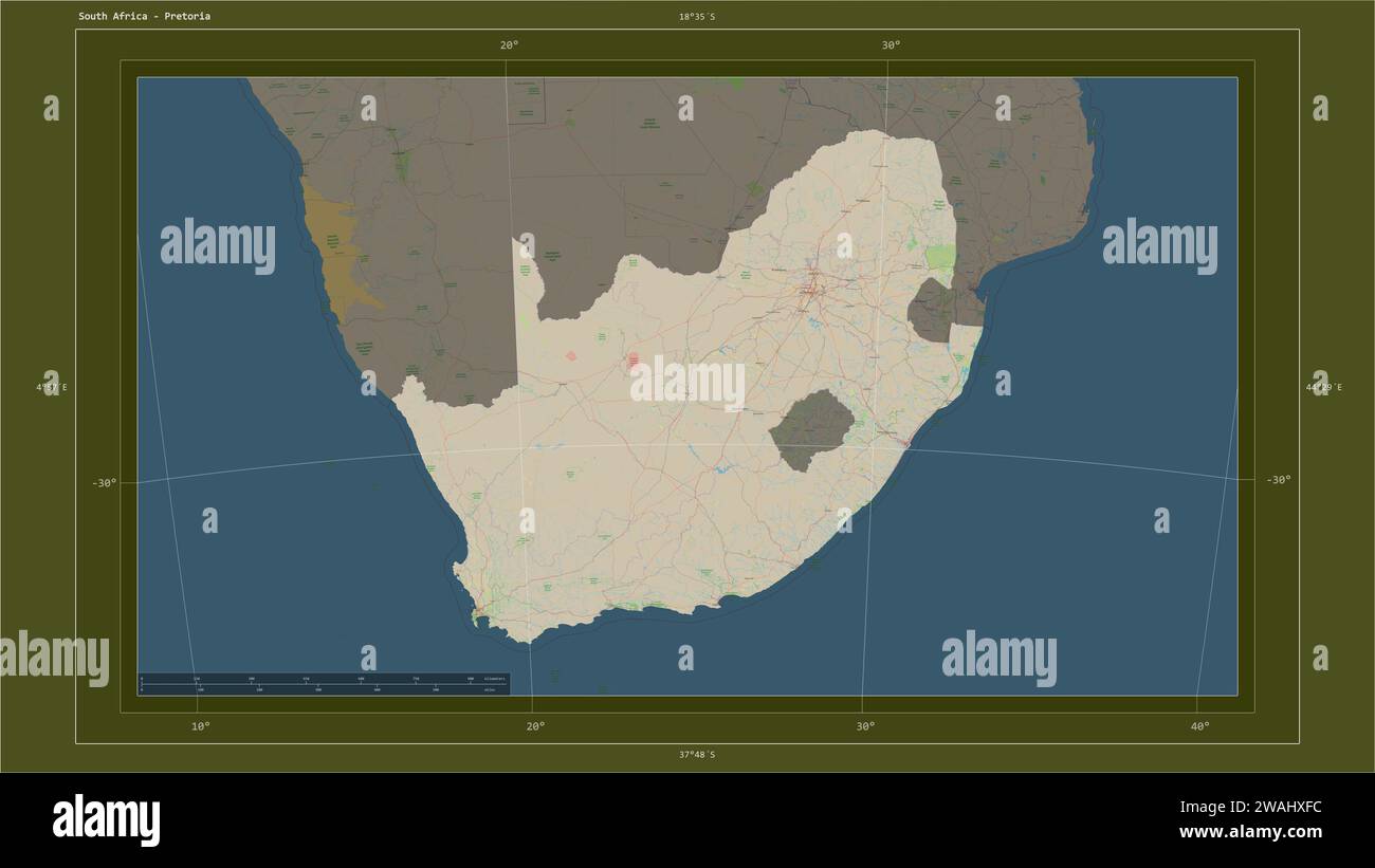 South Africa highlighted on a topographic, OSM standard style map map ...