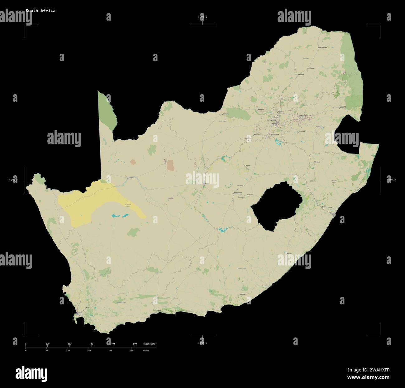Shape of a topographic, OSM Humanitarian style map of the South Africa ...