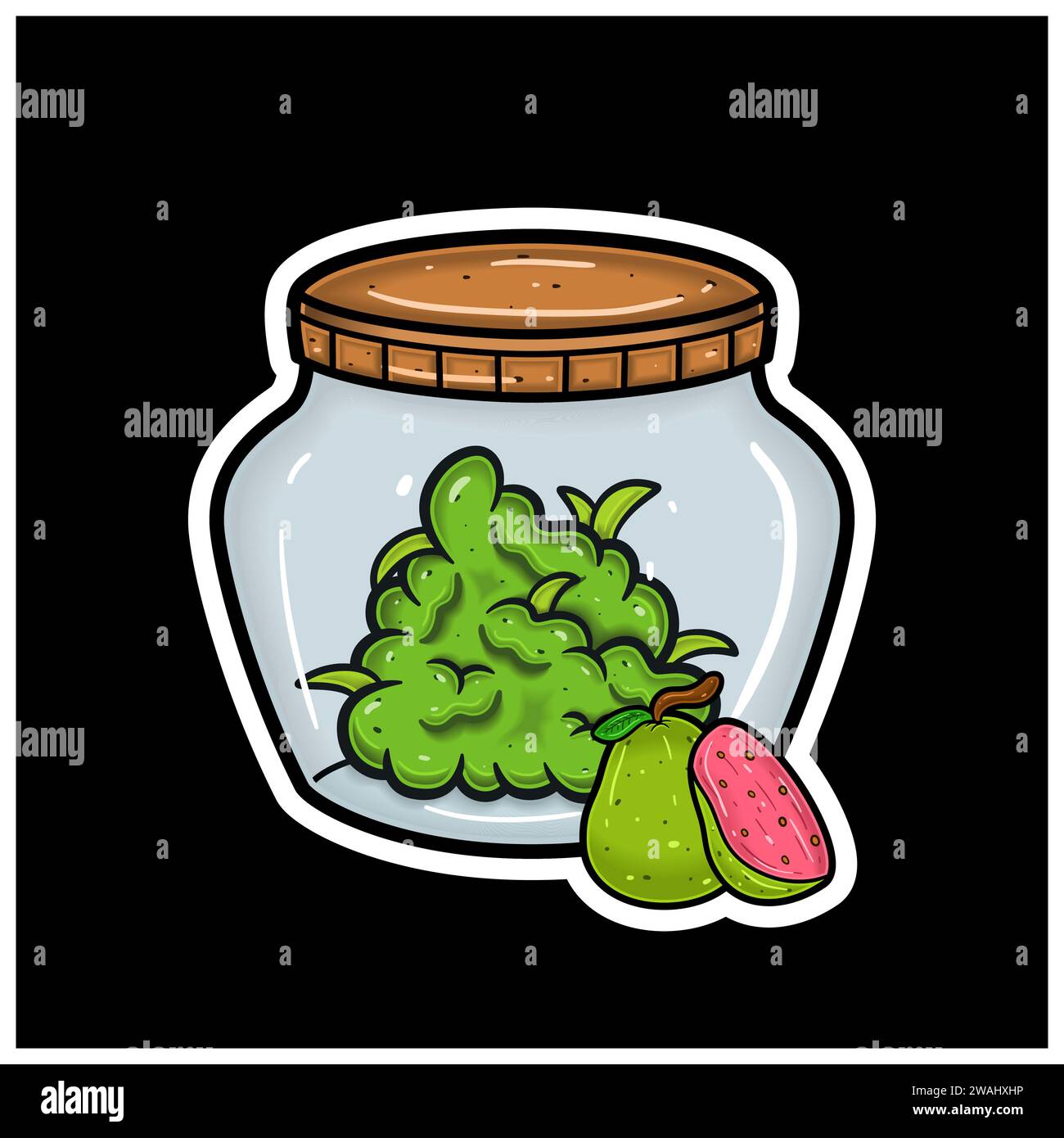 Guava Fruit Flavor With Cartoon Mascot of Weed Bud On Jar. For Sticker ...