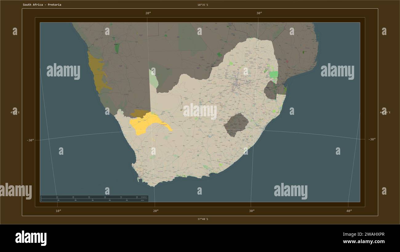 South Africa highlighted on a topographic, OSM France style map map ...