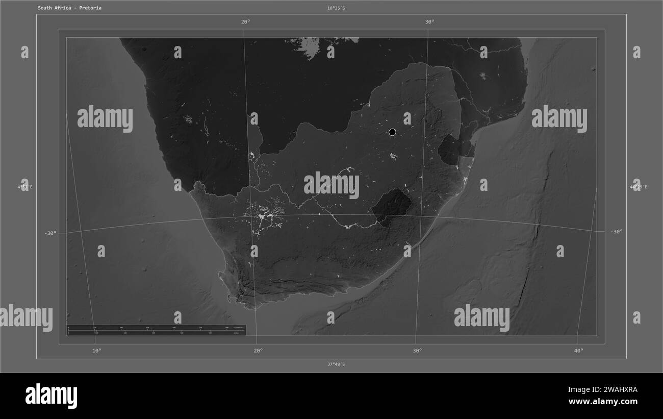 South Africa highlighted on a Grayscale elevation map with lakes and ...