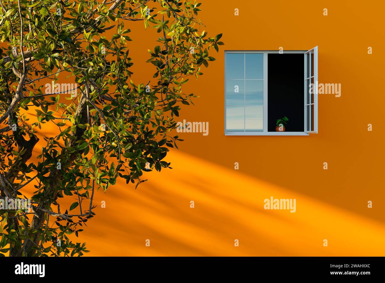 Single open white window in the wall of a large house Stock Photo - Alamy