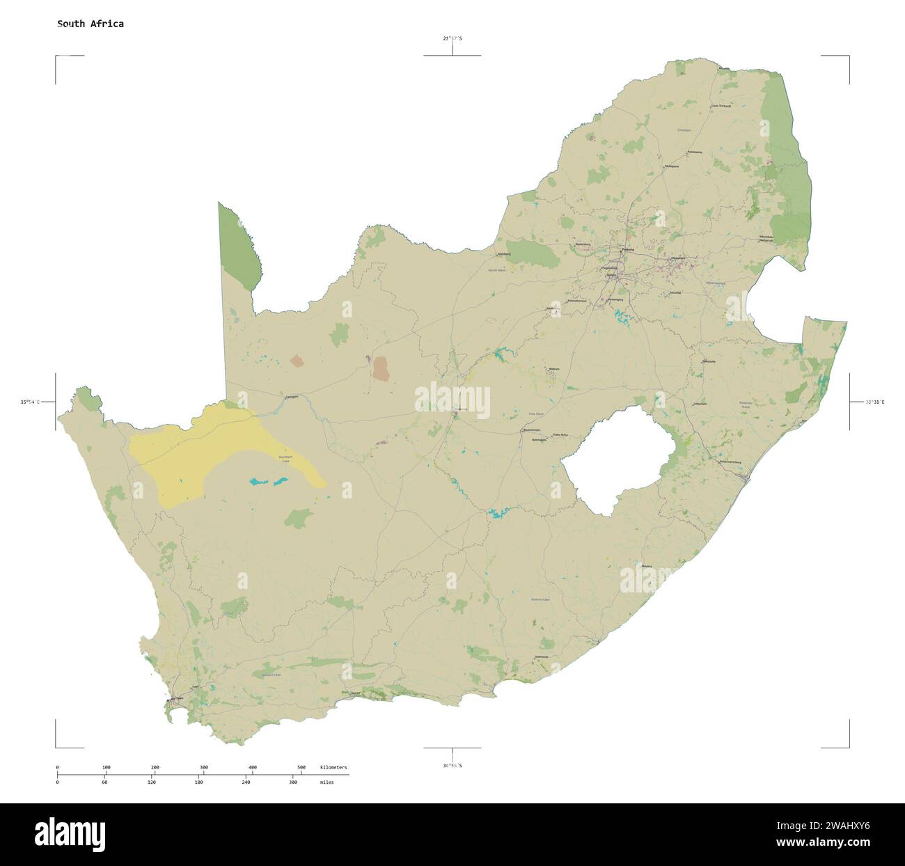 Shape of a topographic, OSM Humanitarian style map of the South Africa ...