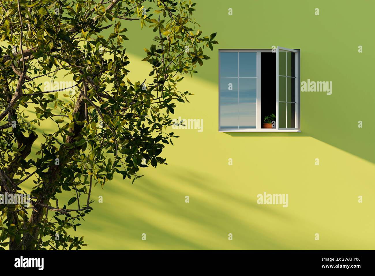 Single open white window in the wall of a large house Stock Photo - Alamy