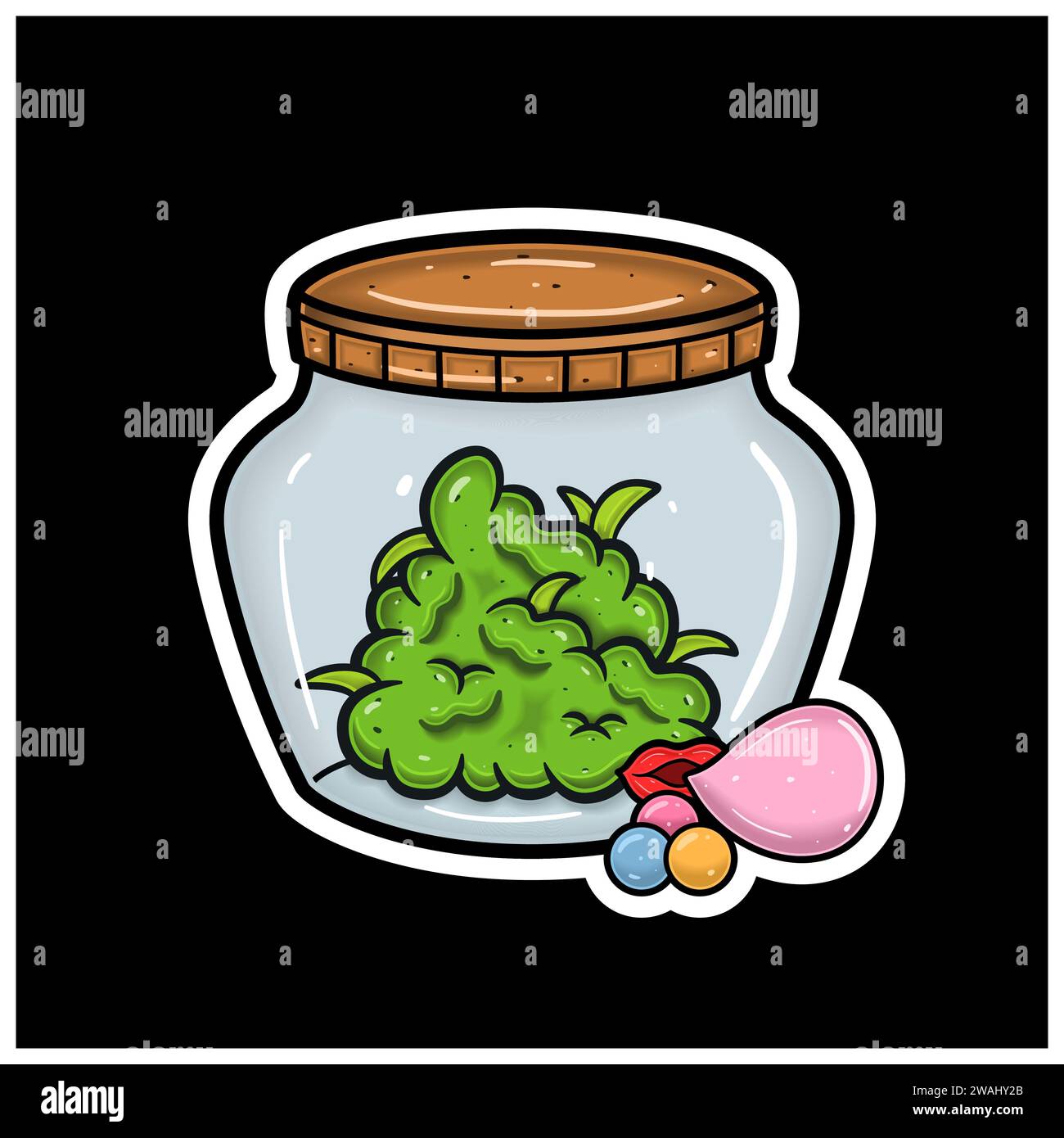 Bubble Gum Flavor With Cartoon Mascot of Weed Bud On Jar. For Sticker ...