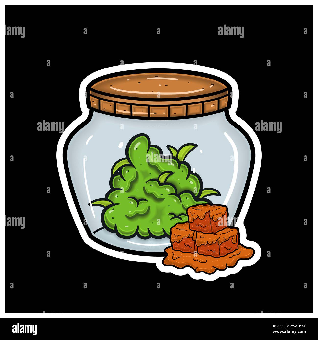 Caramel Flavor With Cartoon Mascot of Weed Bud On Jar. For Sticker and ...