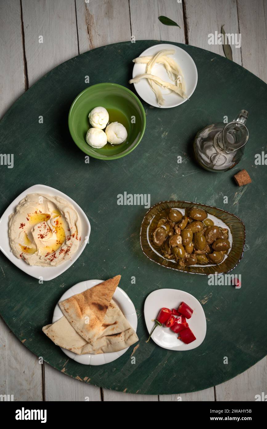 Arabic breakfast spreaad with olives and labaneh Stock Photo - Alamy