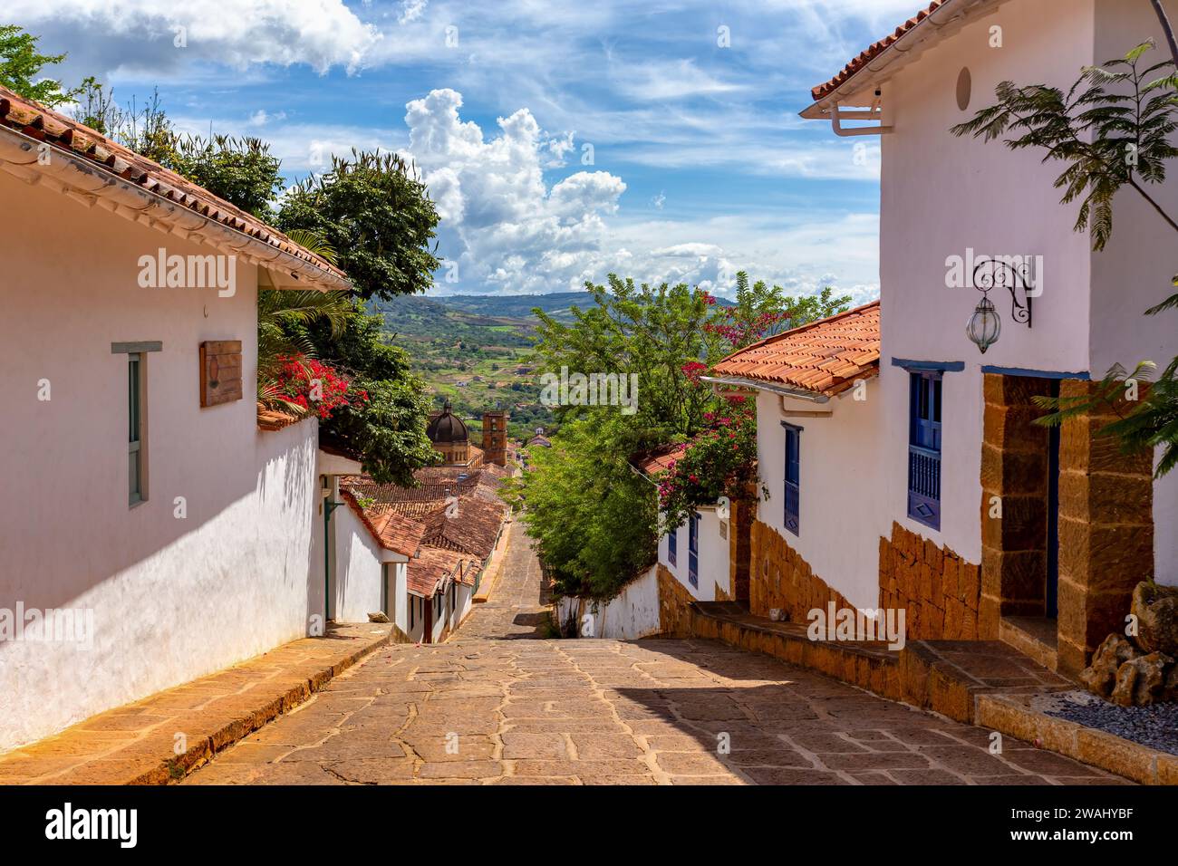 Narrow street of heritage town Barichara. Historic city in Santander ...