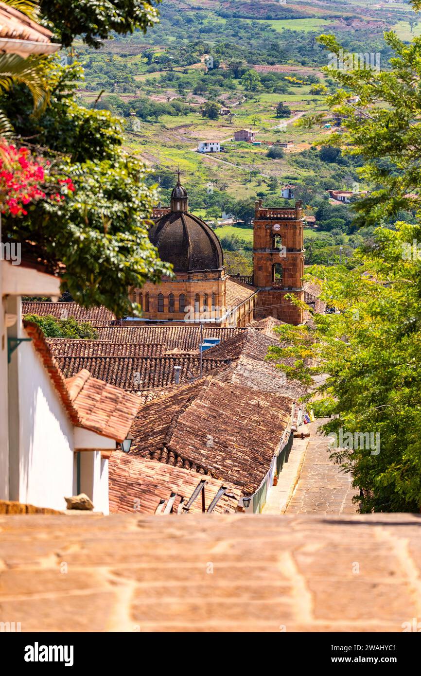 Narrow street of heritage town Barichara. Historic city in Santander ...