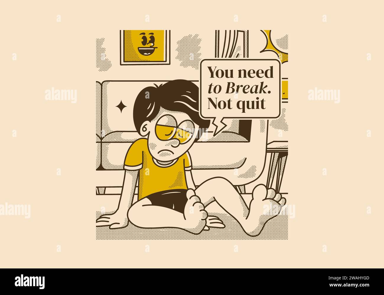 You need to break, Not quit. Vintage illustration of a sad boy Stock ...