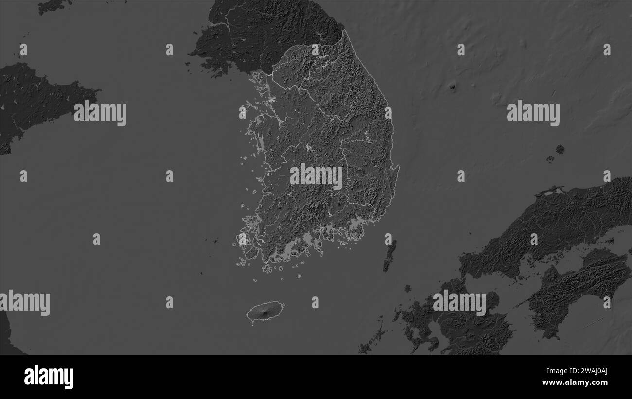 South Korea highlighted on a Bilevel elevation map with lakes and ...