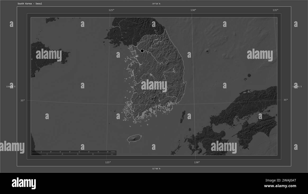 South Korea highlighted on a Bilevel elevation map with lakes and ...