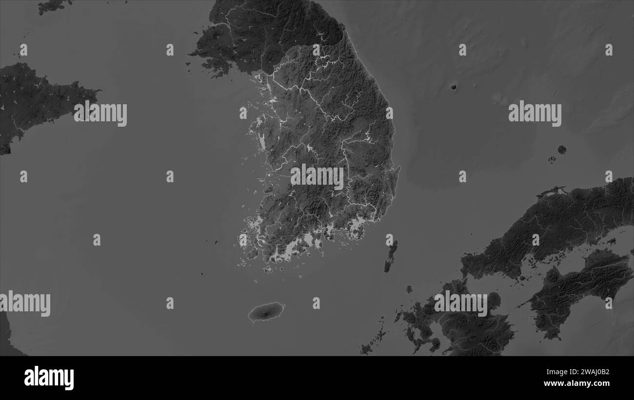 South Korea highlighted on a Grayscale elevation map with lakes and ...