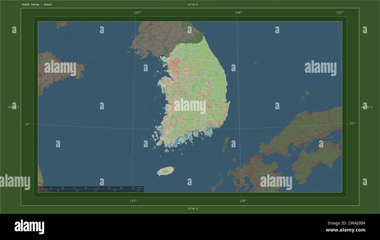 South Korea highlighted on a topographic, OSM Germany style map map ...