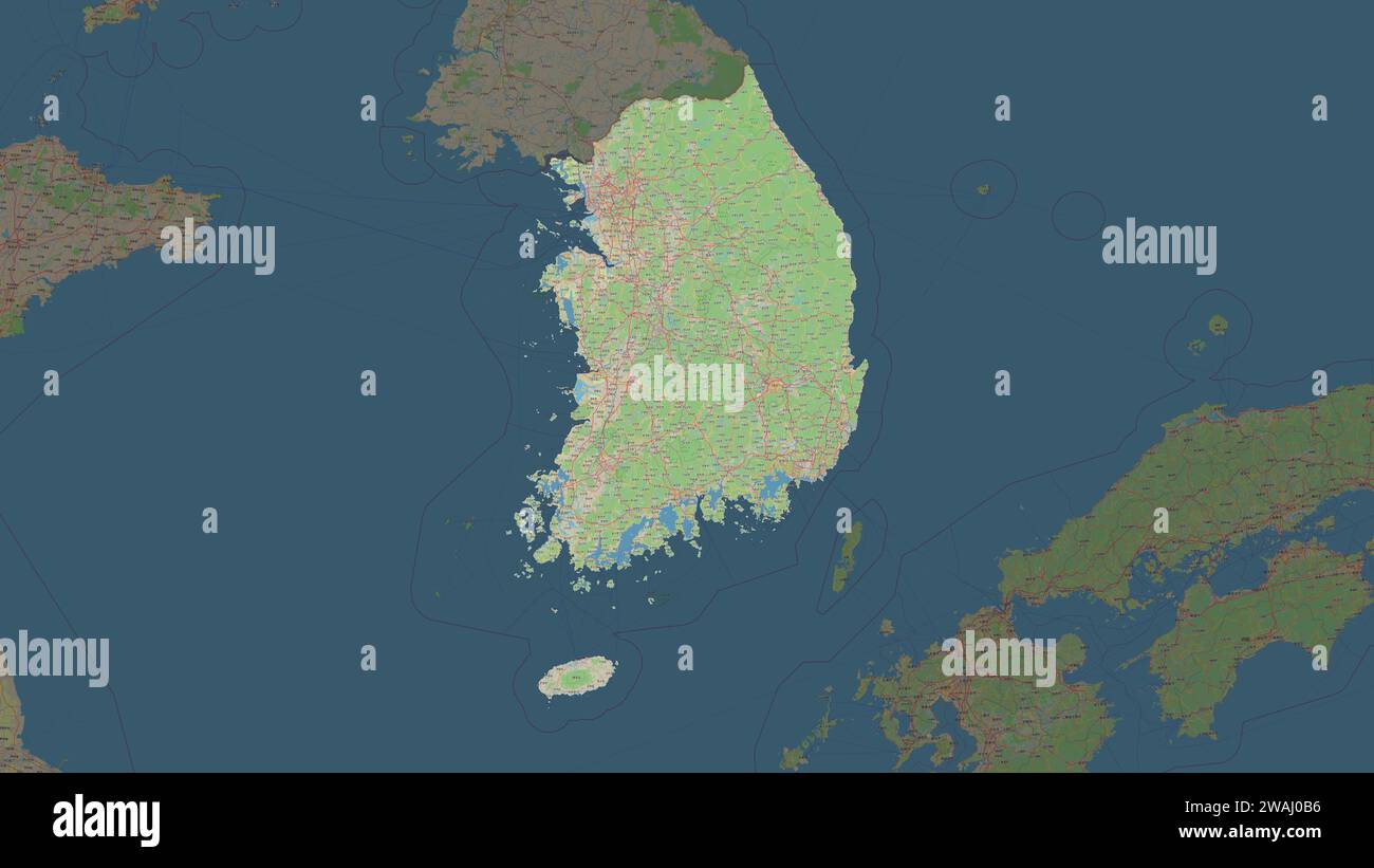 South Korea highlighted on a topographic, OSM standard style map Stock ...