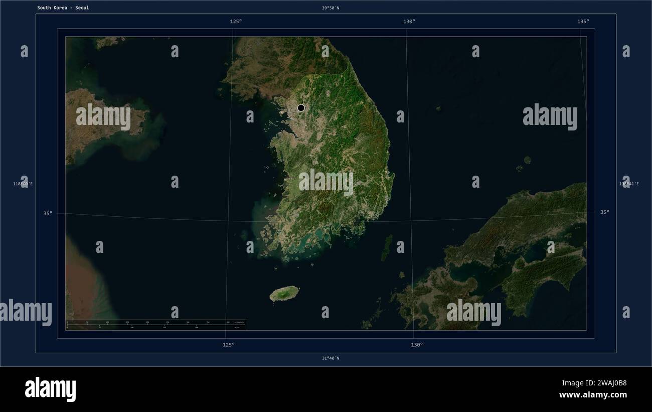 South Korea highlighted on a low resolution satellite map map with the ...
