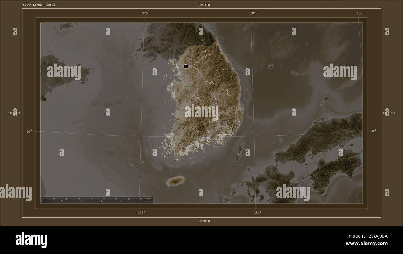South Korea highlighted on a elevation map colored in sepia tones with ...