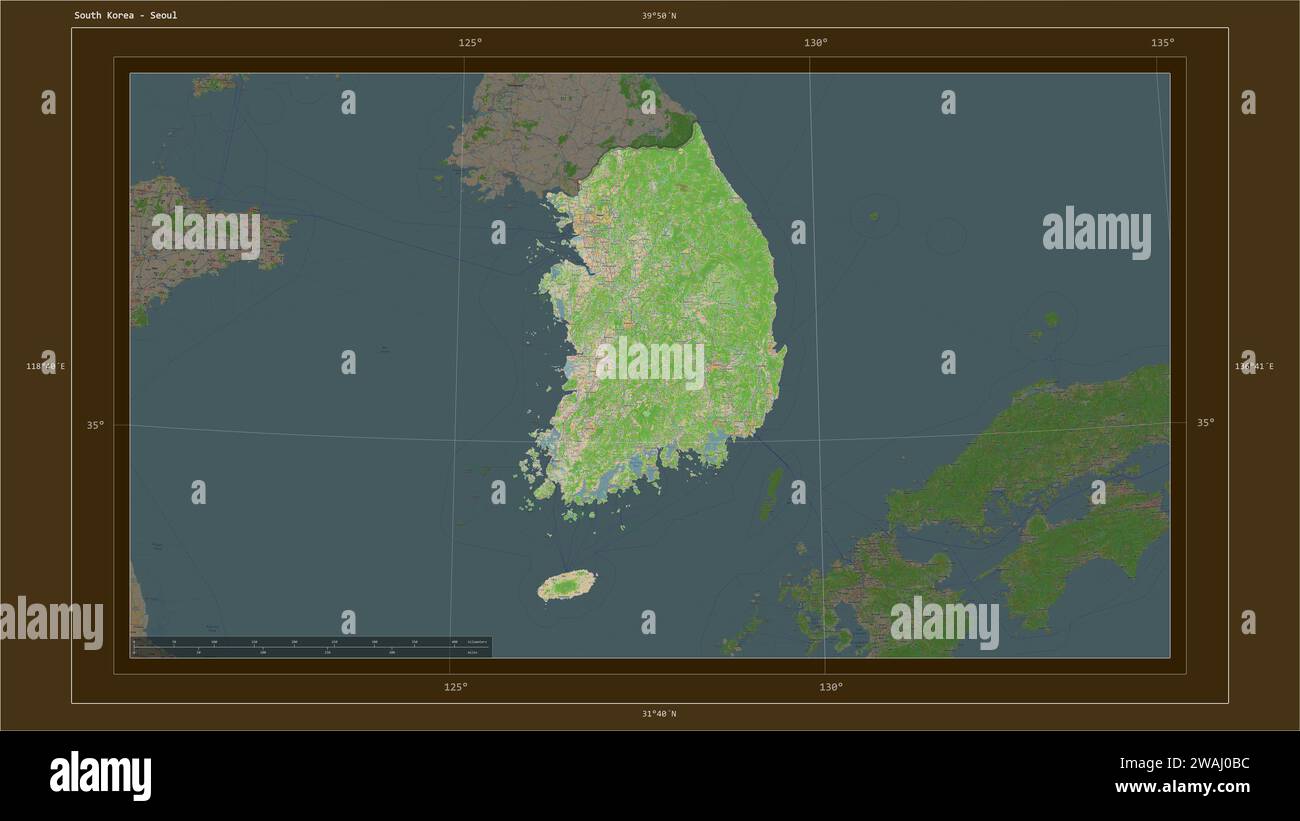 South Korea highlighted on a topographic, OSM France style map map with ...