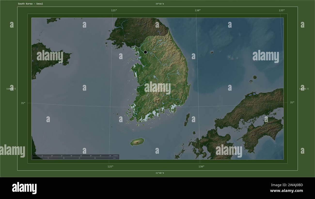 South Korea highlighted on a Pale colored elevation map with lakes and ...