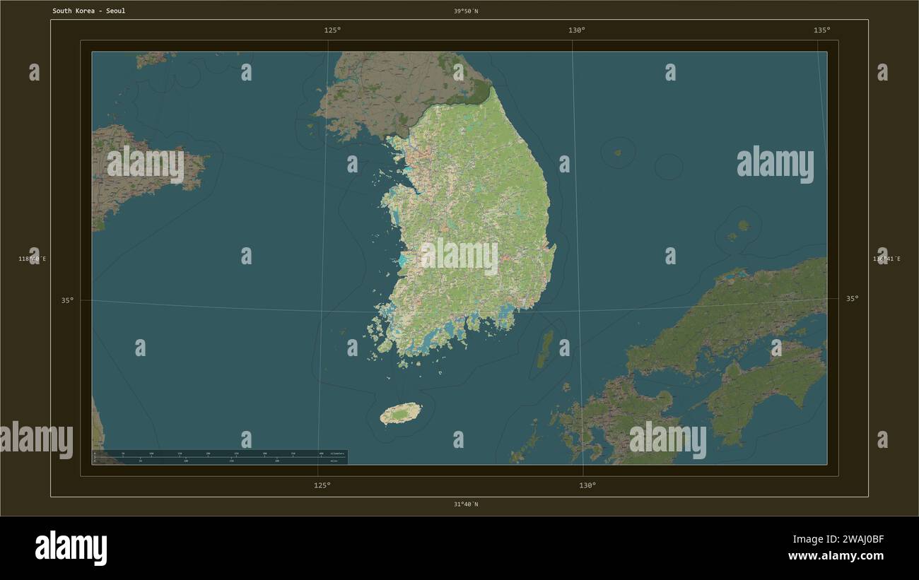 South Korea highlighted on a topographic, OSM Humanitarian style map ...