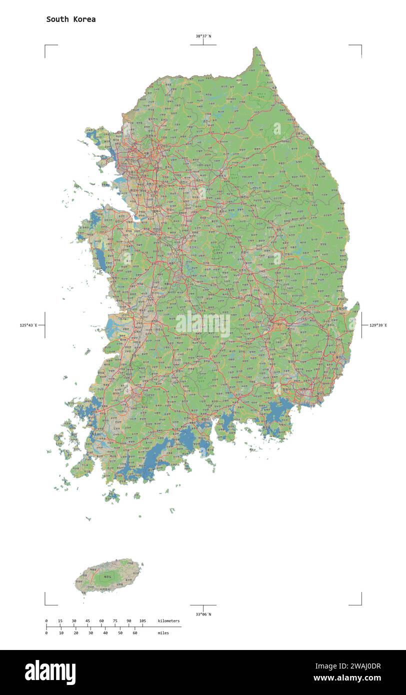 Shape of a topographic, OSM standard style map of the South Korea, with ...