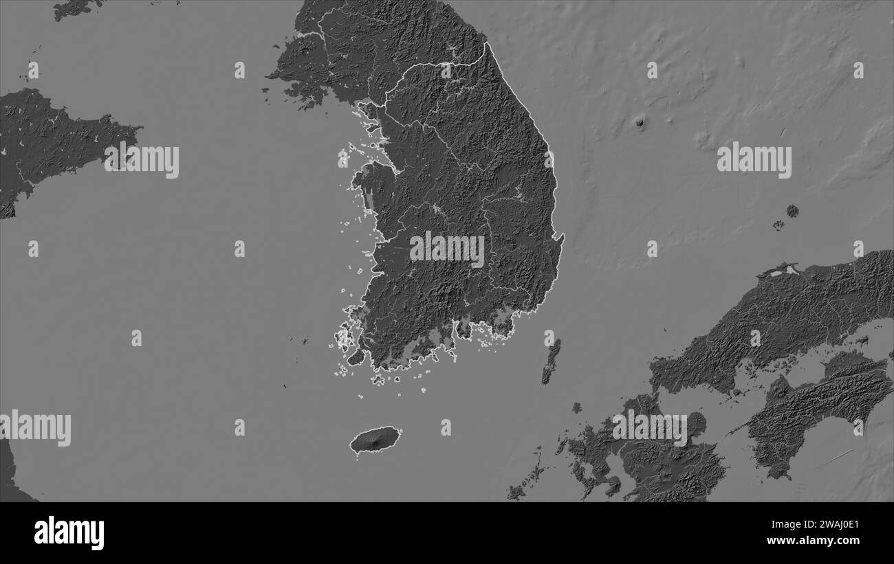 South Korea outlined on a Bilevel elevation map with lakes and rivers ...