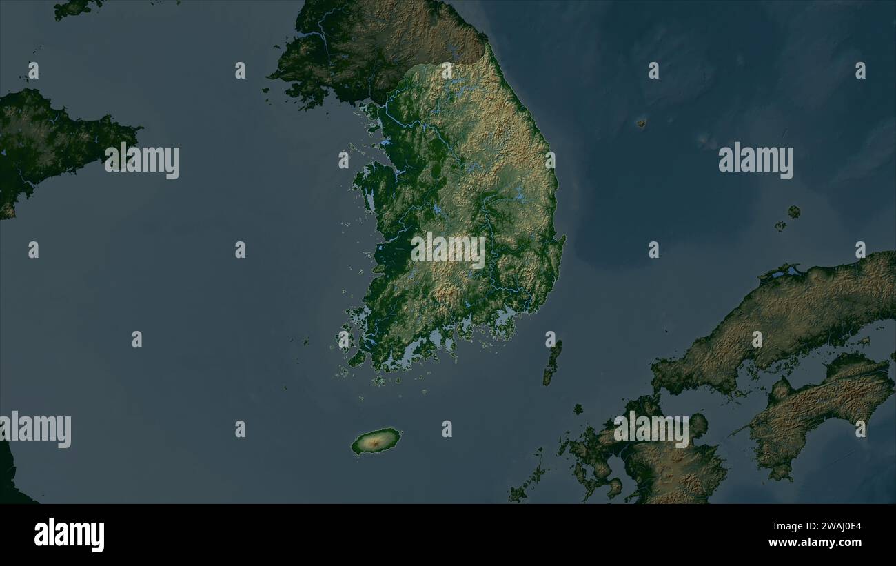 South Korea highlighted on a Colored elevation map with lakes and ...