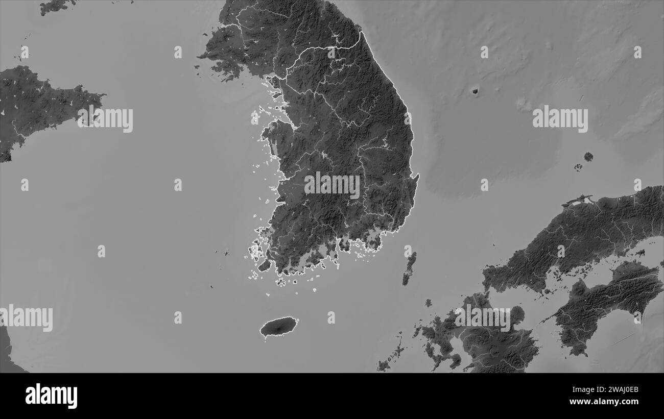 South Korea outlined on a Grayscale elevation map with lakes and rivers ...
