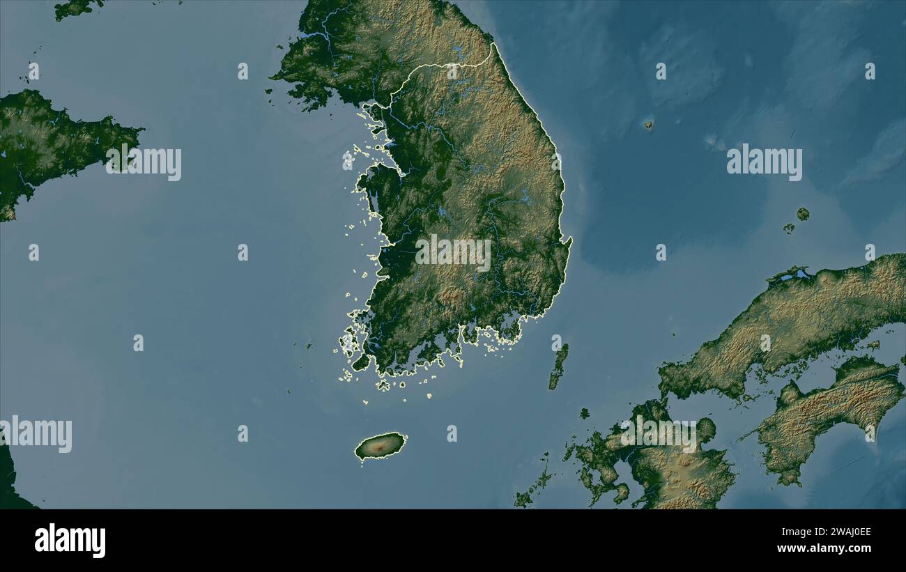 South Korea outlined on a Colored elevation map with lakes and rivers ...