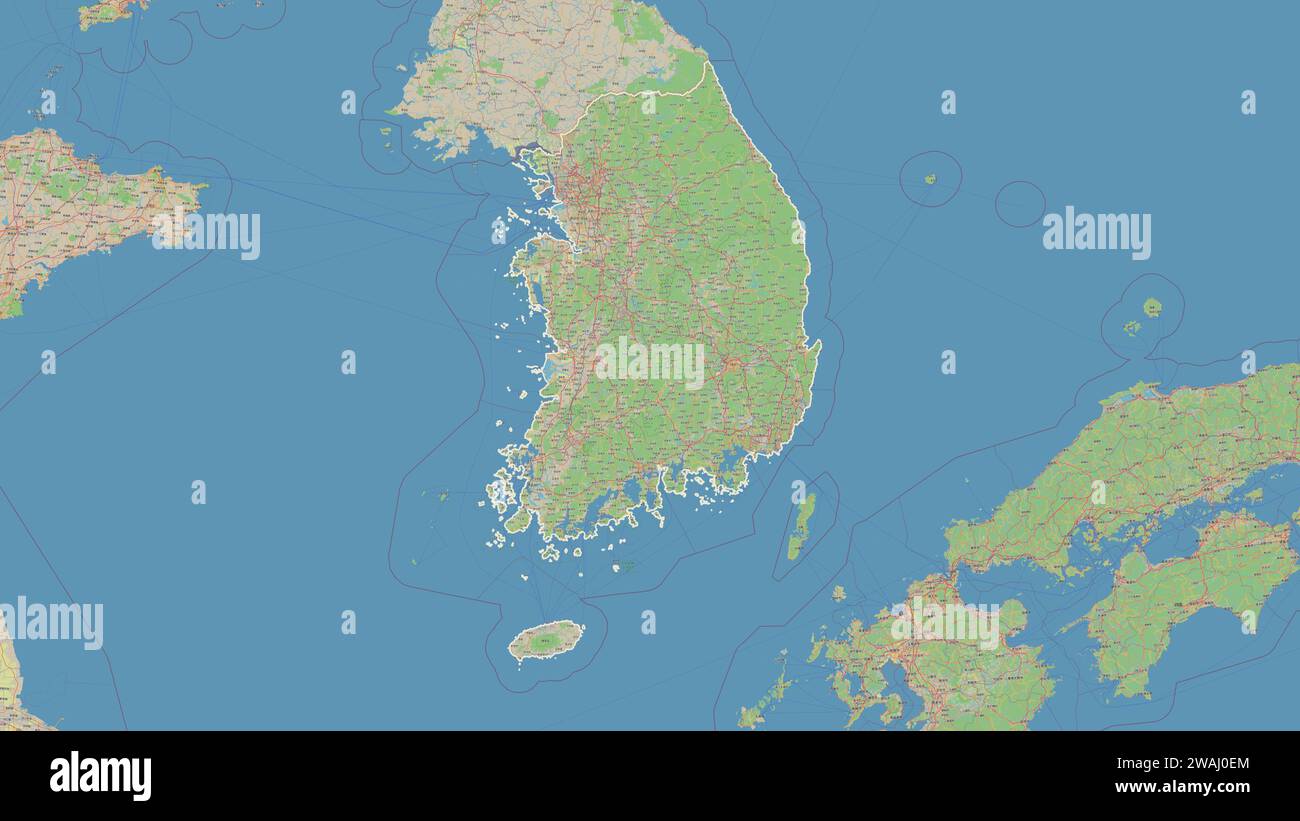 South Korea outlined on a topographic, OSM standard style map Stock ...