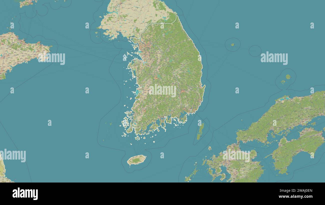 South Korea outlined on a topographic, OSM Humanitarian style map Stock ...
