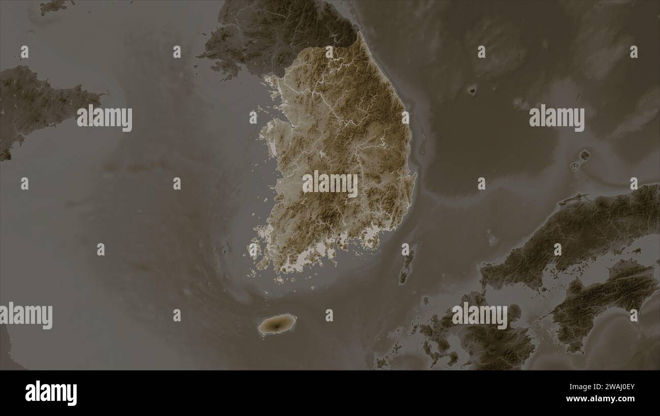South Korea highlighted on a elevation map colored in sepia tones with ...