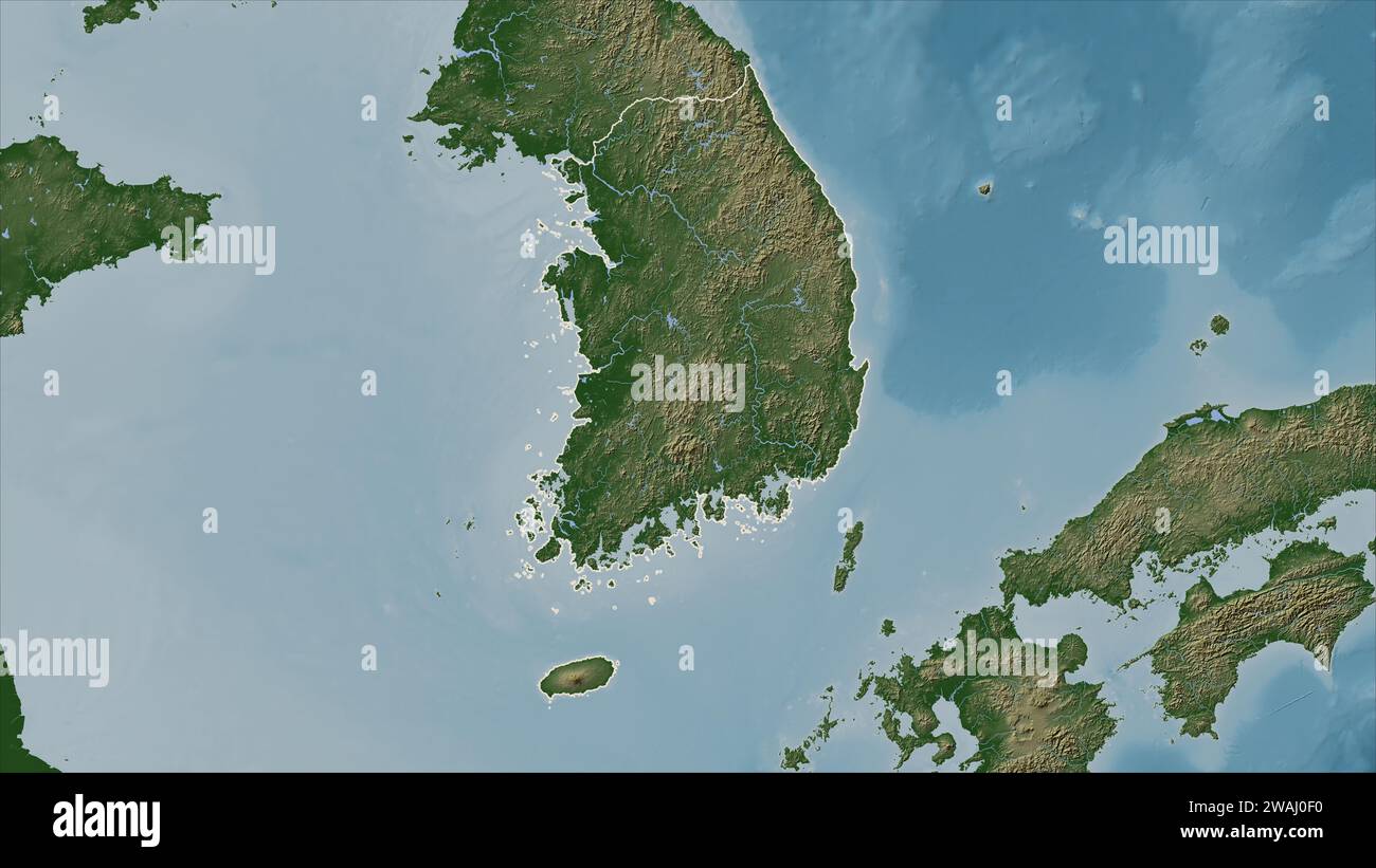 South Korea outlined on a Pale colored elevation map with lakes and ...