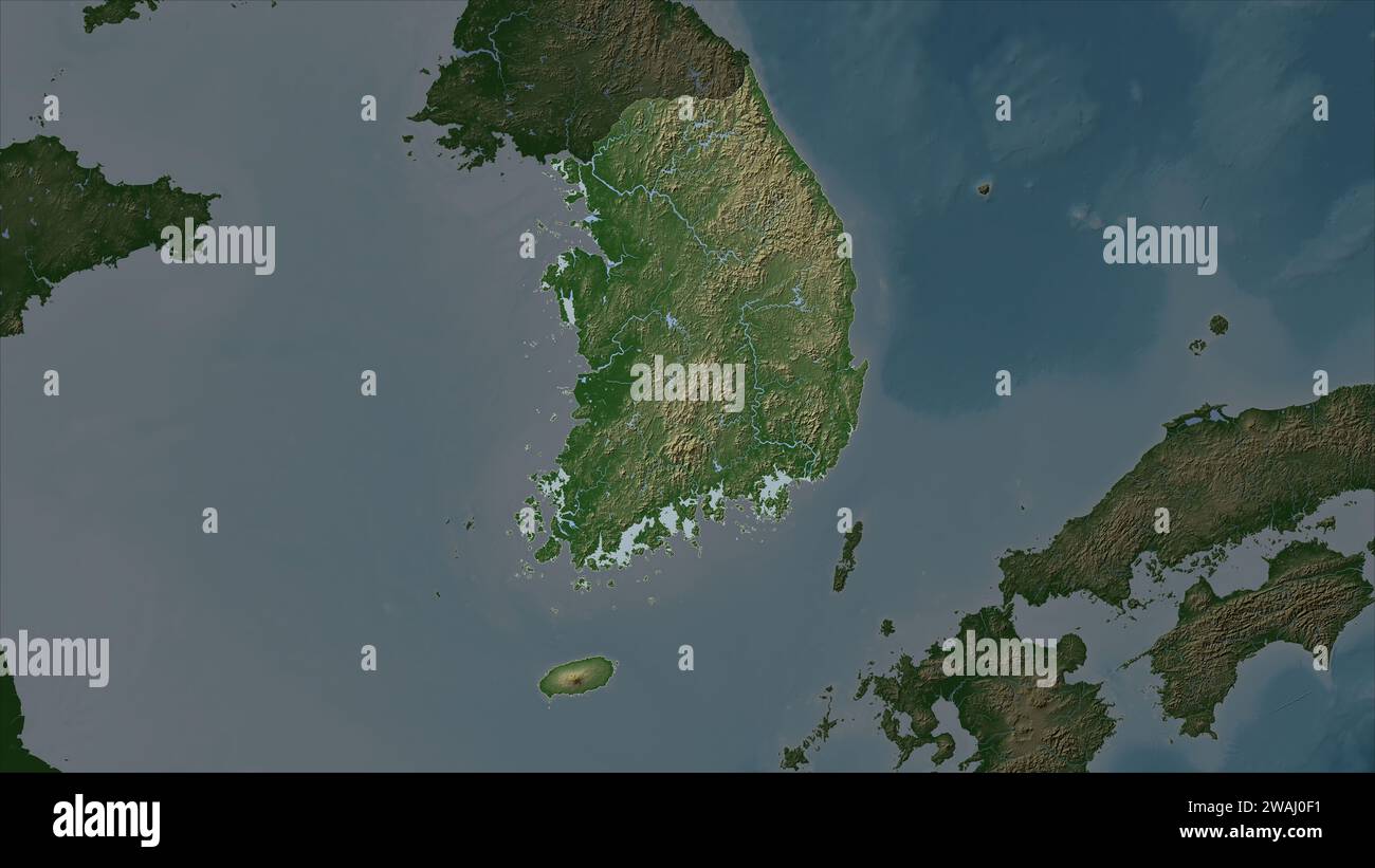 South Korea highlighted on a Pale colored elevation map with lakes and ...