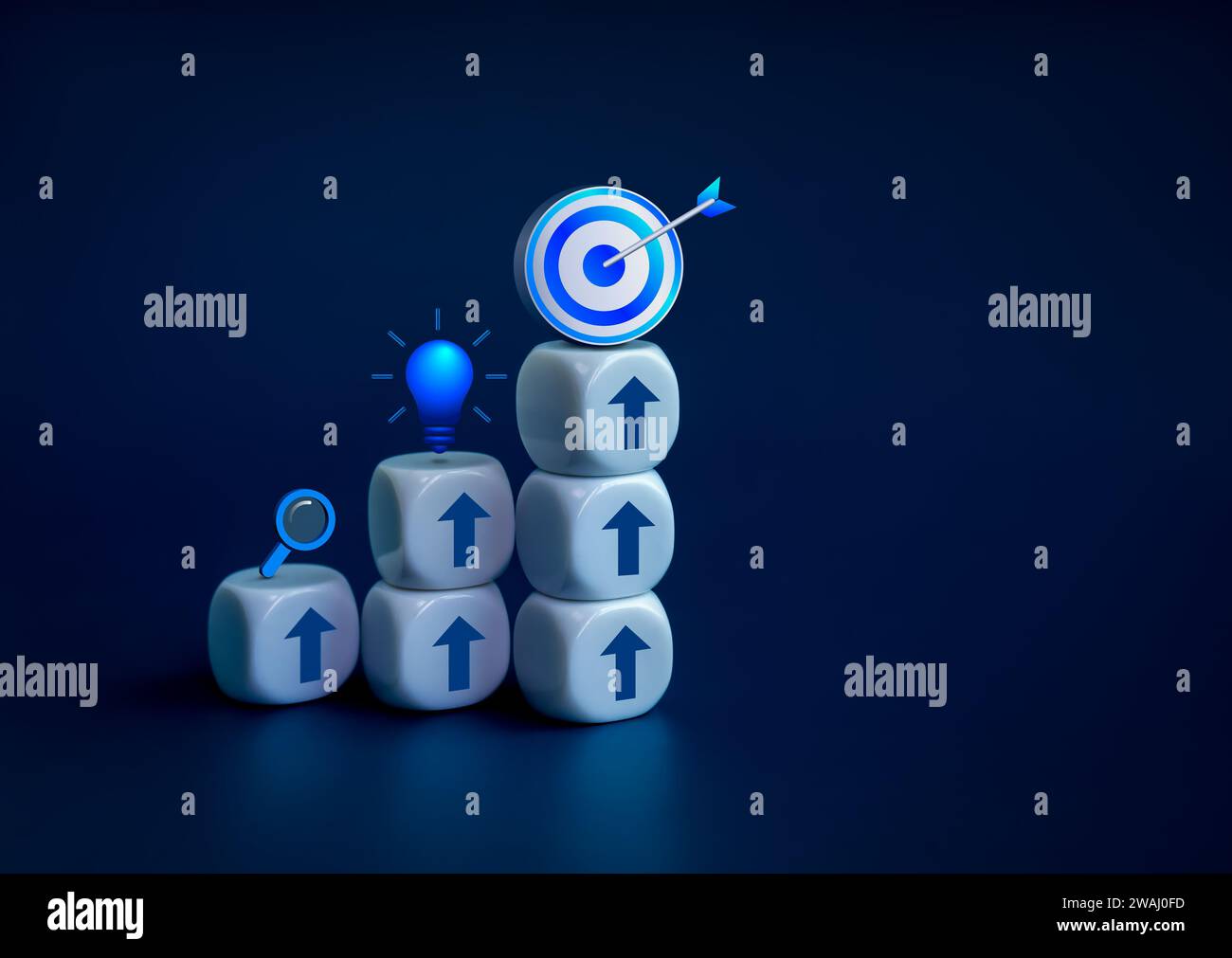 3d target icon, bulb and magnifier symbol on white blocks with up ...