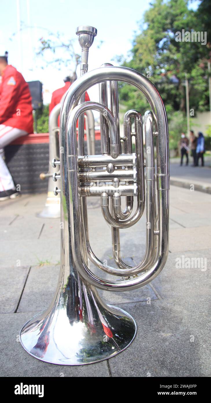 Close up on a valve section of a professional trumpet. at a ceremony to ...