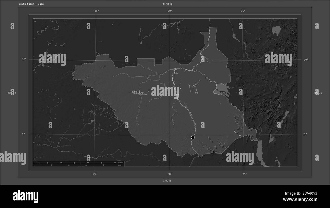 South Sudan highlighted on a Bilevel elevation map with lakes and ...