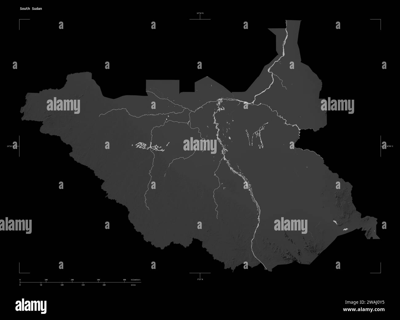 Shape of a Grayscale elevation map with lakes and rivers of the South Sudan, with distance scale ...