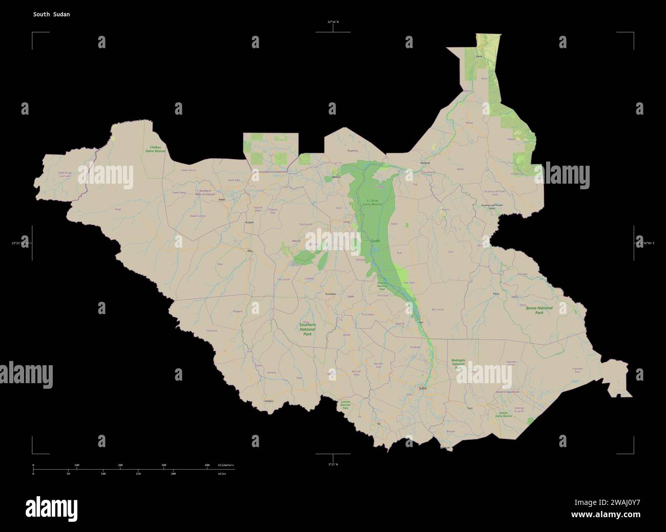Shape of a topographic, OSM standard style map of the South Sudan, with ...