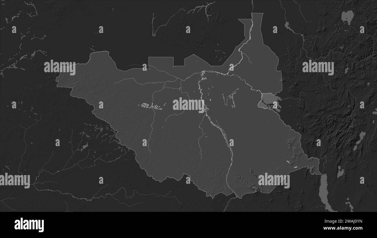 South Sudan highlighted on a Bilevel elevation map with lakes and ...